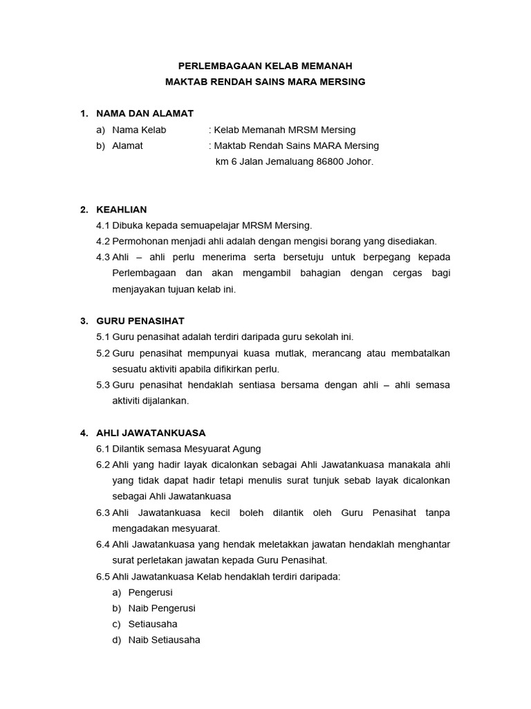 Perlembagaan Kelab Memanah MRSM Mersing | PDF