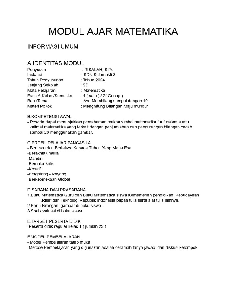 Modul Ajar Matematika Kelas 1 Semester 2 TP 2023 - 2024 | PDF