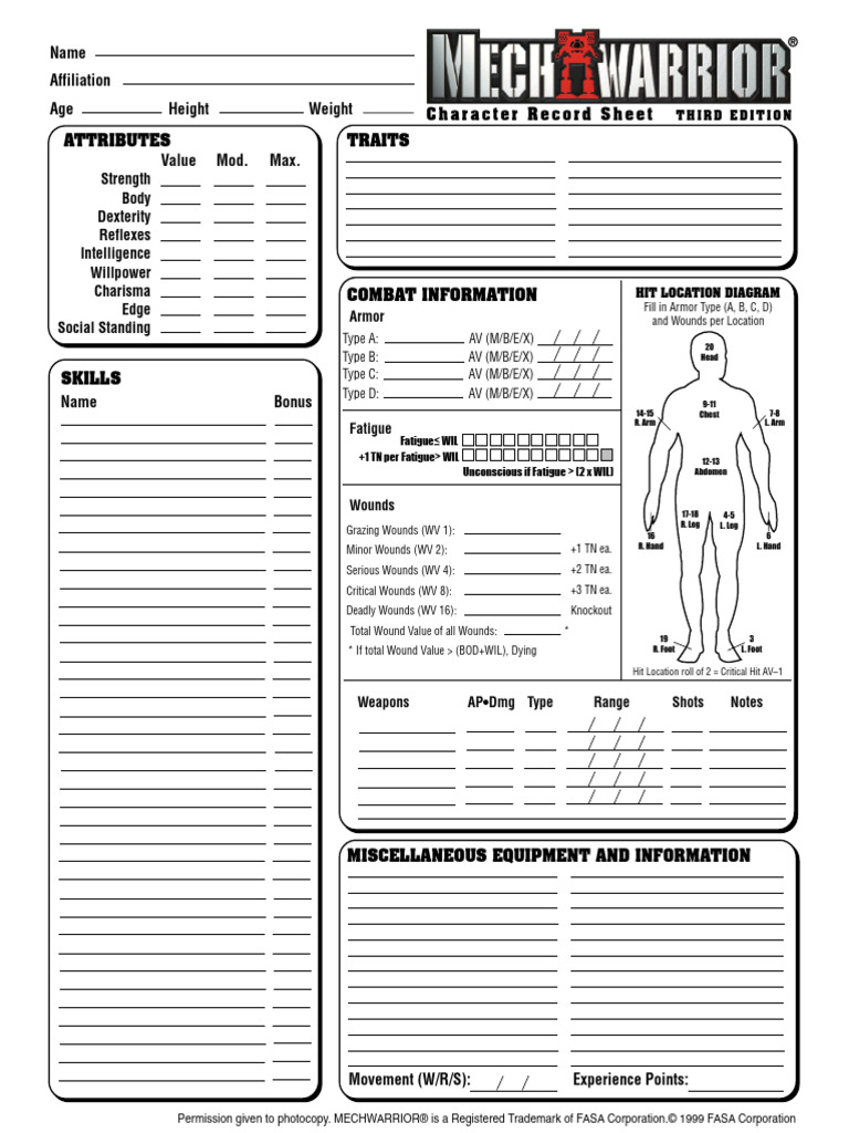 BattleTech 1715 - MechWarrior 3rd Edition - Character Sheet-DONE | PDF ...