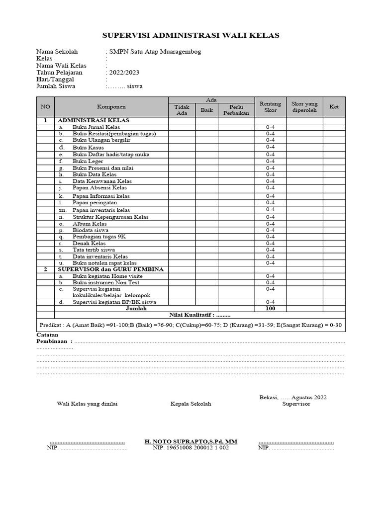 Buku Supervisi Administrasi Wali Kelas | PDF