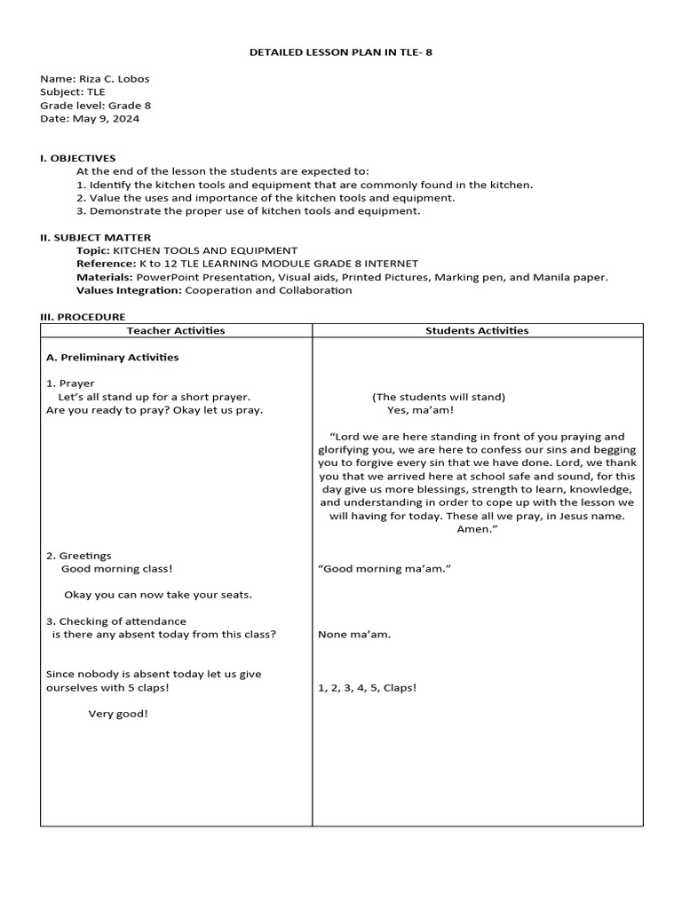 TLE Grade 8 Lesson Plan: Kitchen Tools | PDF | Kitchen | Knife