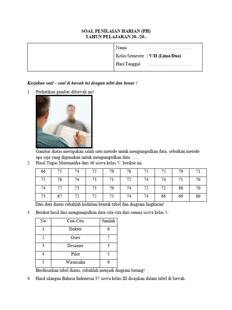Soal PH Kelas 5 Semester 2 Mengumpulkan Data | PDF | Karier & Perkembangan | Metode & Bahan Ajar