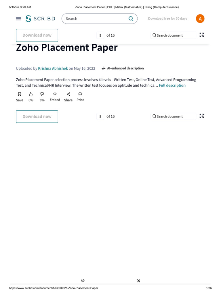 Zoho Placement Paper - PDF - Matrix (Mathematics) - String (Computer Science) | PDF | Scribd ...