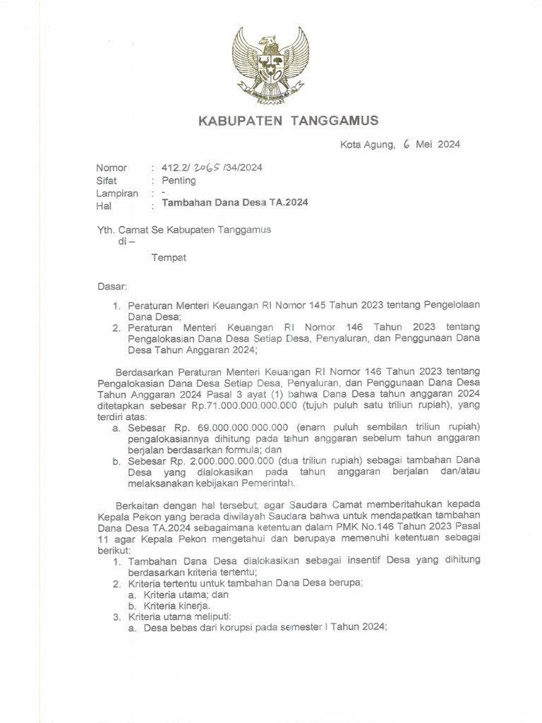 Surat Yth Camat Hal Tambahan DD 2024 - Rotated | PDF