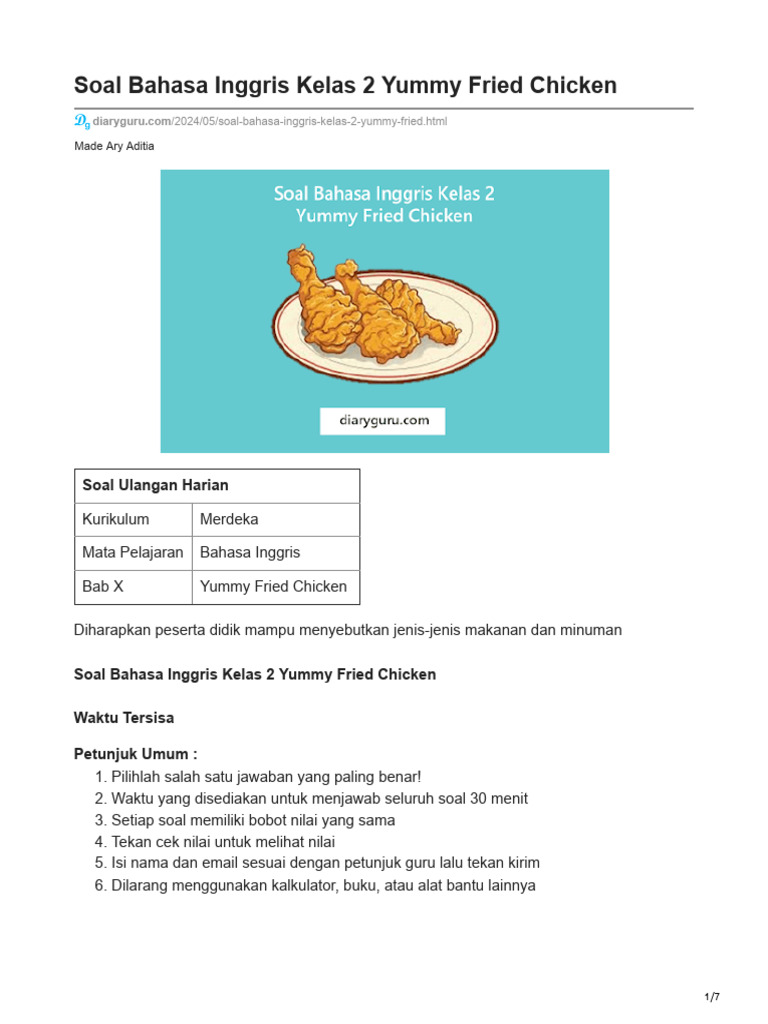 Soal Bahasa Inggris Kelas 2 Yummy Fried Chicken | PDF | Cooking, Food & Wine | Language Arts ...