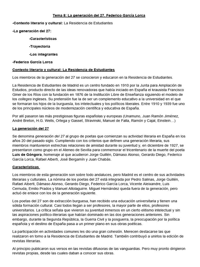 Tema 8. La Generación Del 27. Lorca | Descargar gratis PDF | Federico García Lorca | Poesía