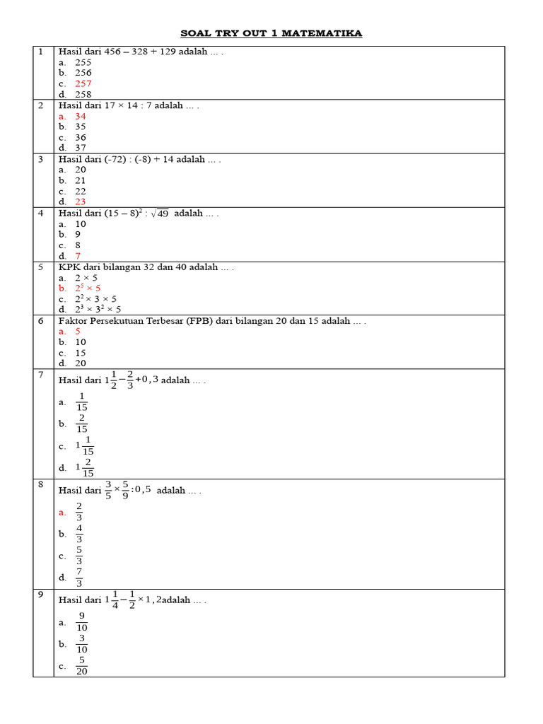 Soal Try Out 1 Matematika | PDF