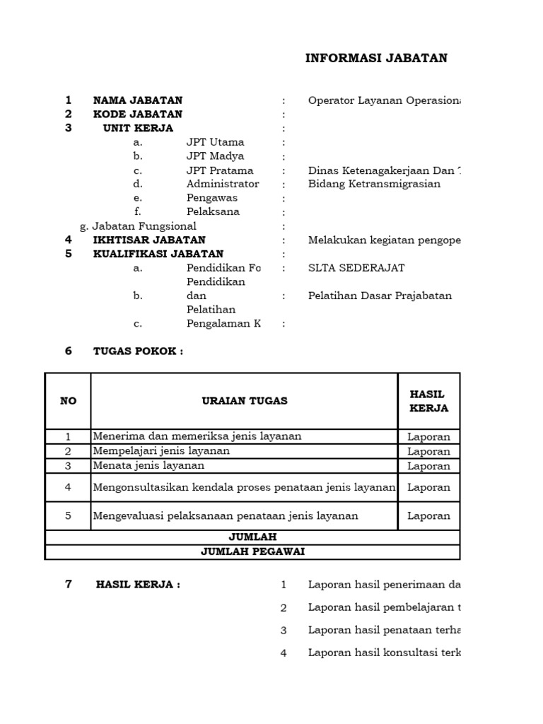 Anjab Operator Layanan Operasional | PDF