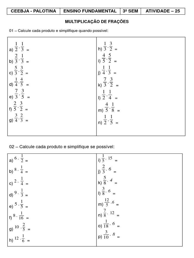 Multiplicação de Frações: Atividades 3º Semestre | PDF | Xadrez
