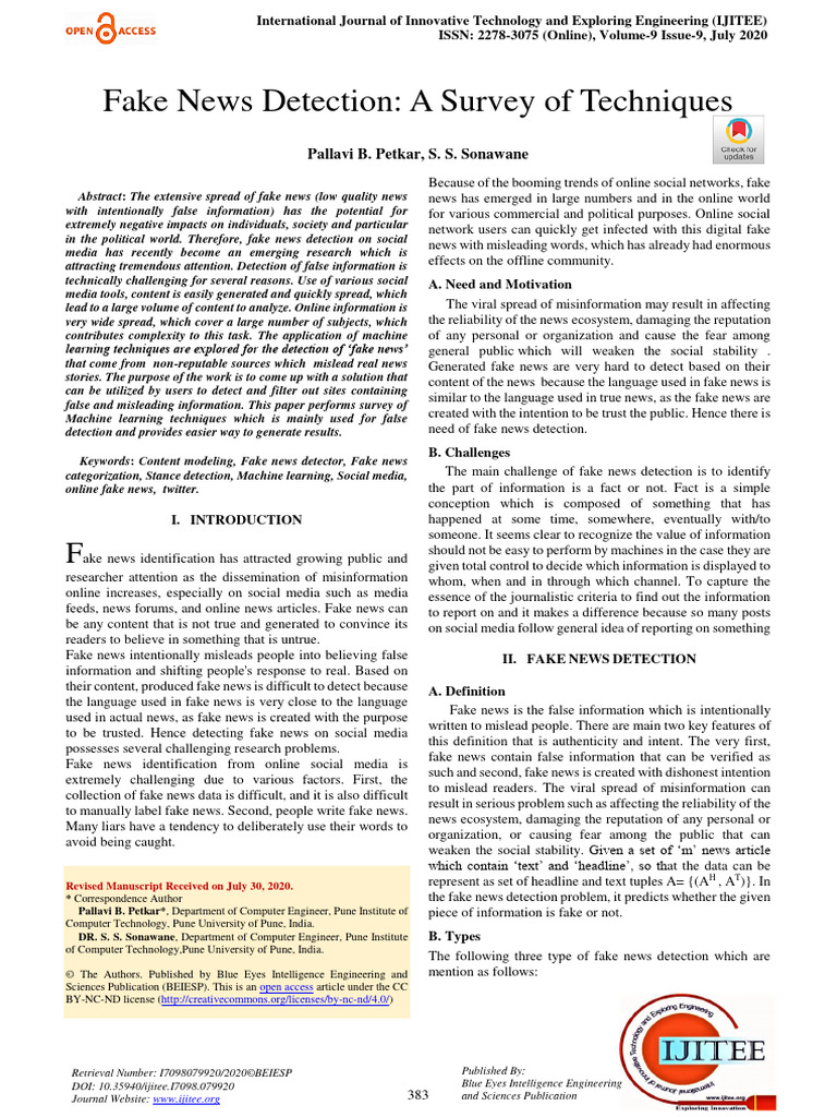 Fake News Detection A Survey of Techniques | PDF | Support Vector ...