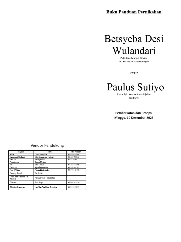 Panduan Pernikahan Betsyeba & Paulus | PDF