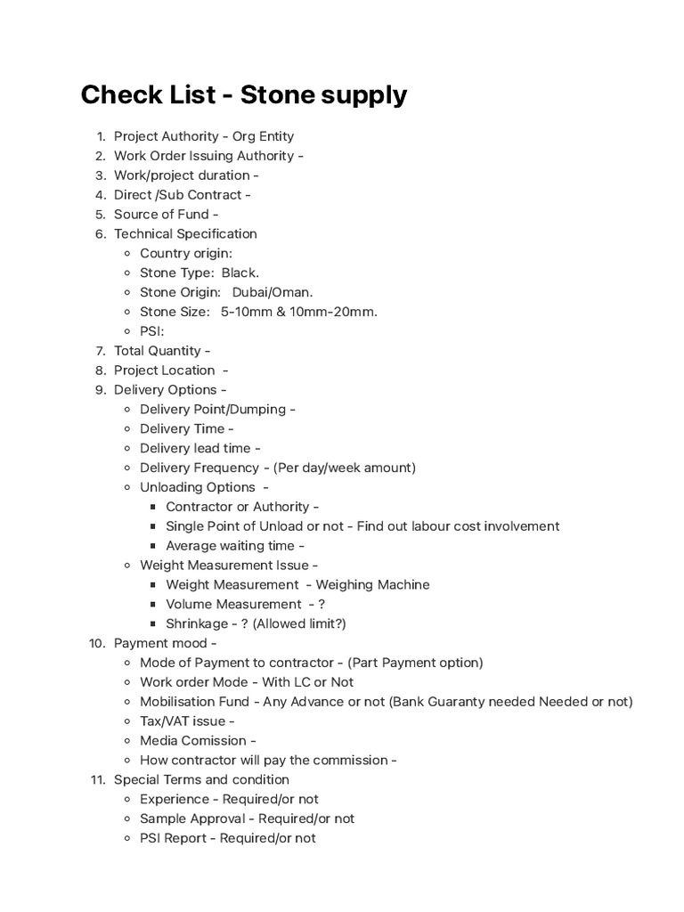 Stone Supply Project Checklist | PDF | Finance & Money Management