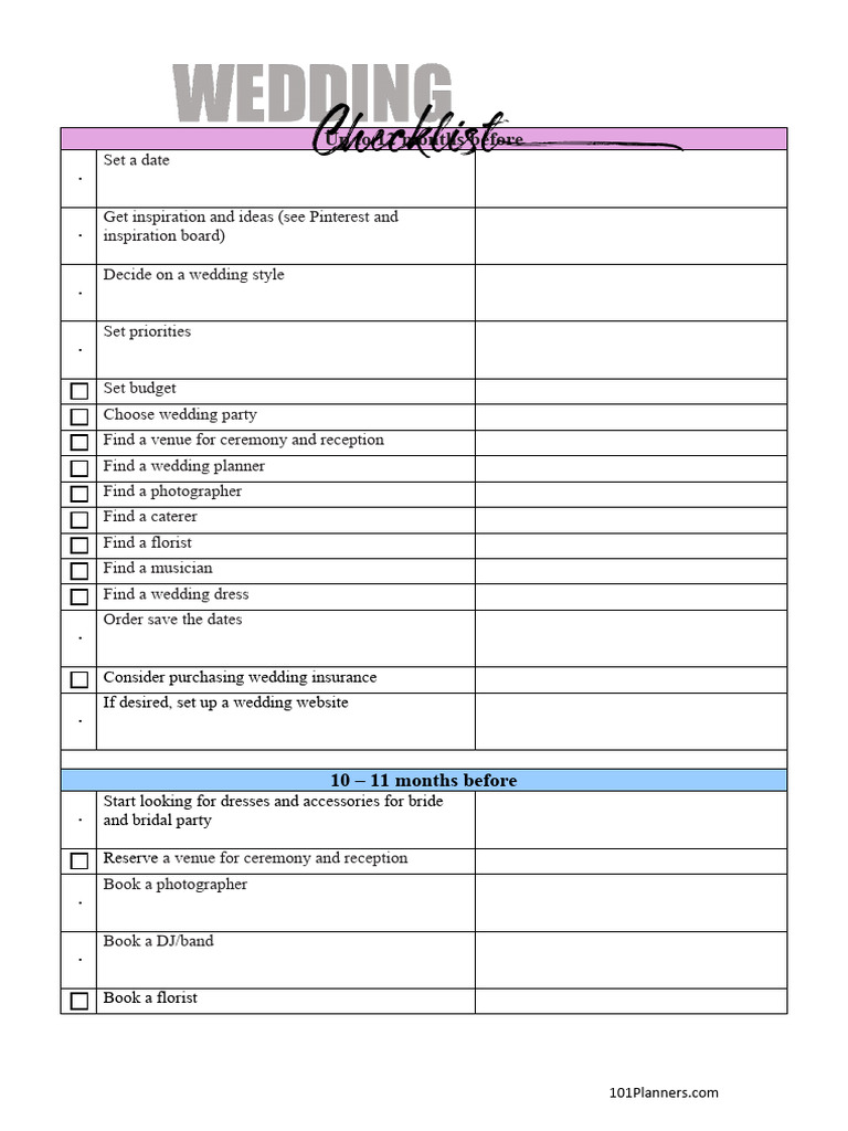 Wedding Checklist With Section For Notes | PDF | Wedding | Rites Of Passage