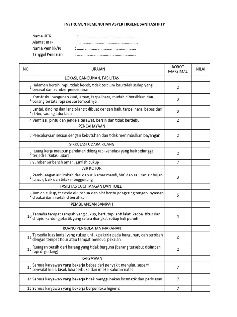 Ceklis Pemeriksaan Untuk Penilaian Mandiri Irtp PMK 14-2021 | PDF