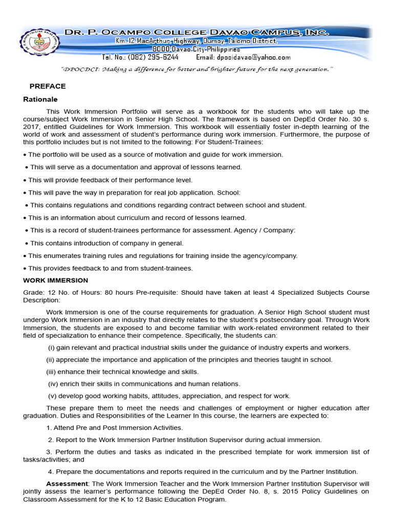 Preliminaries in Work Immersion | Download Free PDF | Job Interview | Leadership