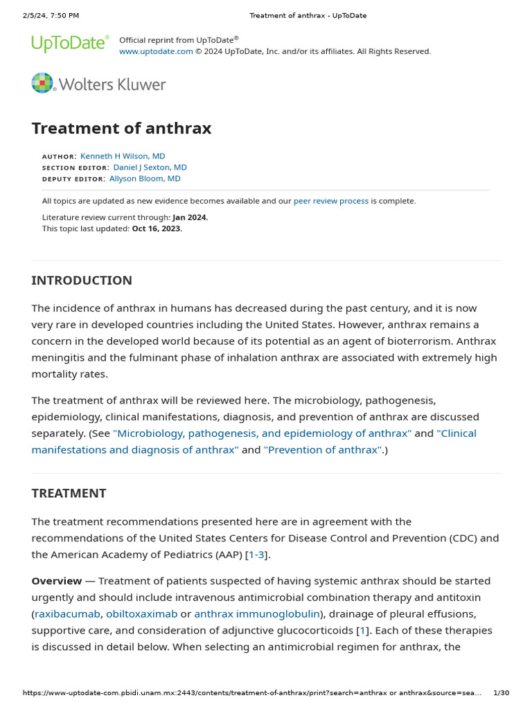 Treatment of Anthrax - UpToDate | PDF | Anthrax | Meningitis