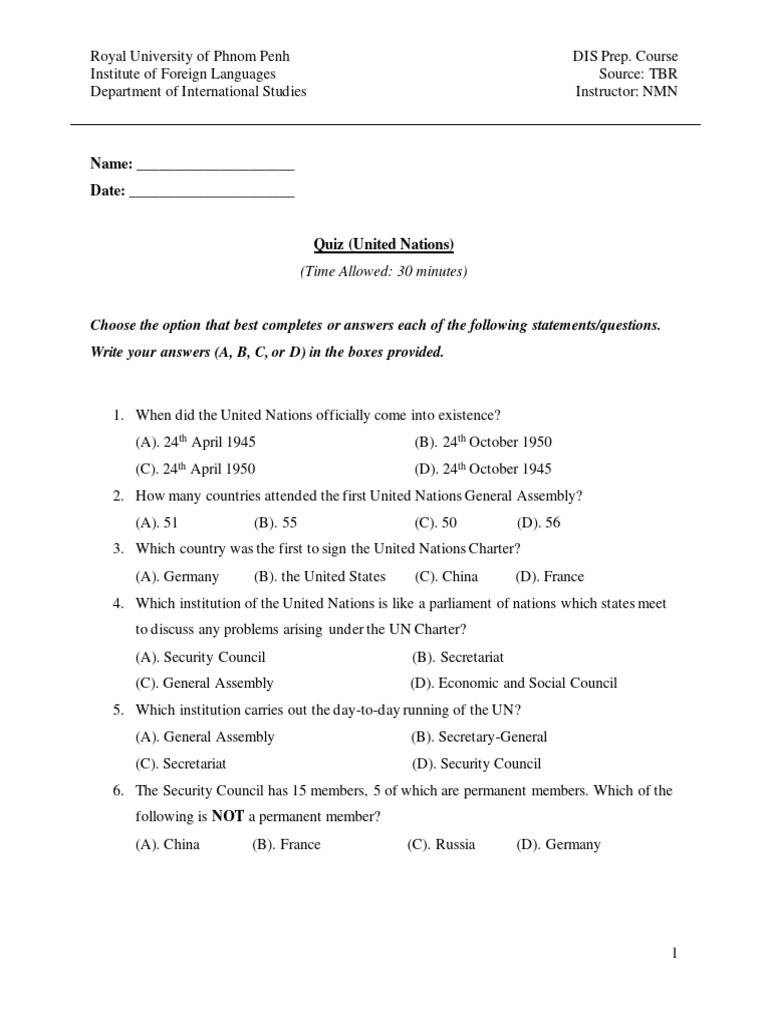 UN Quiz | Download Free PDF | United Nations | International Relations