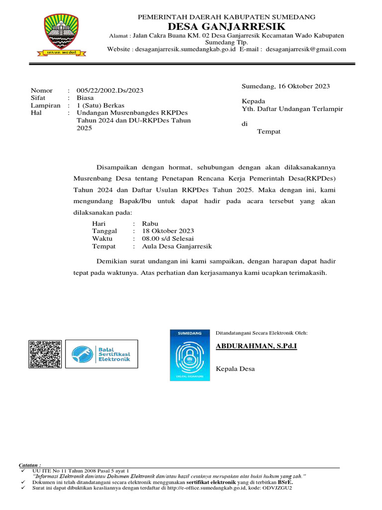 Undangan Musrenbang Desa 2024-2025 | PDF