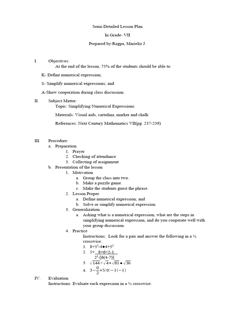 Simplifying Numerical Expressions Lesson Plan | PDF | Lesson Plan ...