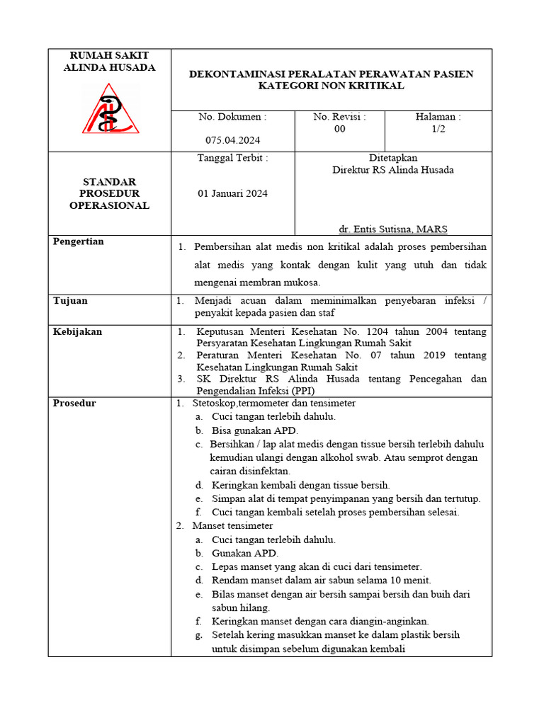 Sop Dekontaminasi Peralatan Perawatan Pasien Kategori Non Kritikal | PDF