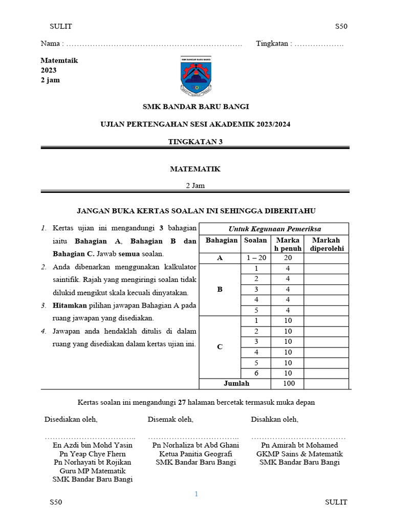 UPSA Matematik T3 2023 | PDF