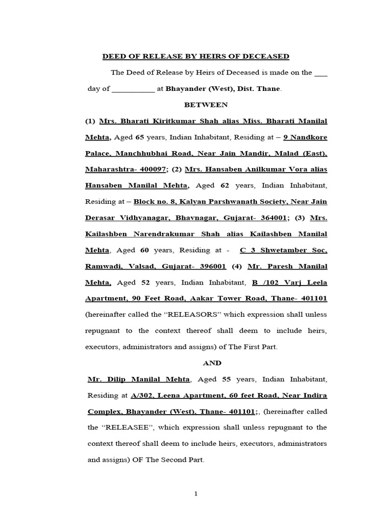 Heirs' Deed of Release for Property | PDF | Civil Law (Common Law ...