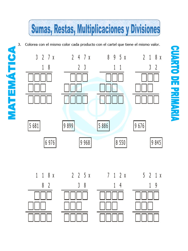 Ficha Sumas Restas Multiplicaciones y Divisiones para Cuarto de ...