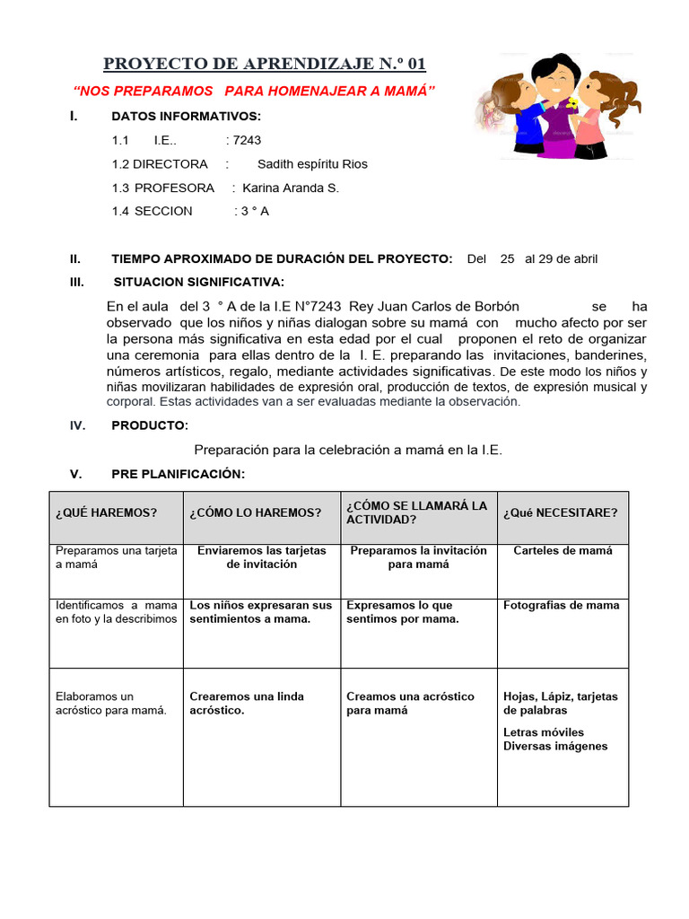 Proyecto Dia de A Madre Del 25 A 29 de Abril | Descargar gratis PDF ...