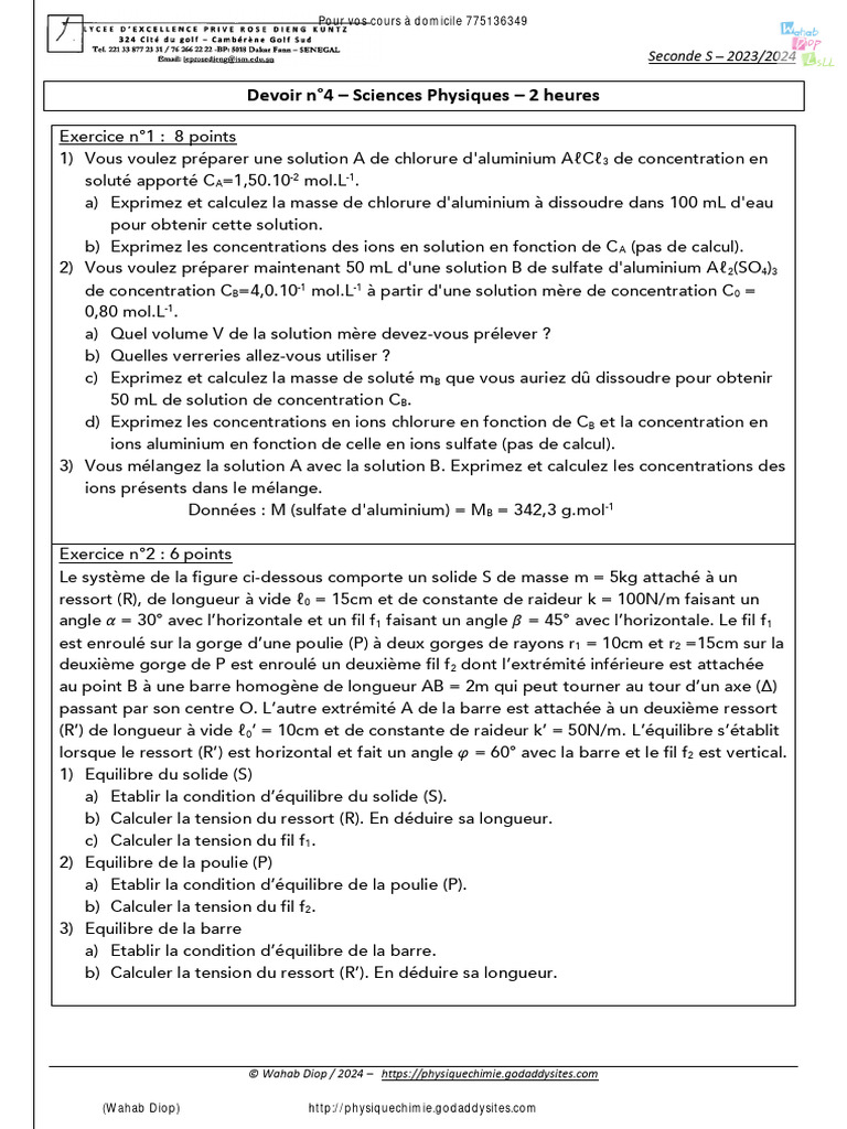 Devoir de Physique-Chimie Seconde S | PDF | Ion | Physique appliquée et ...