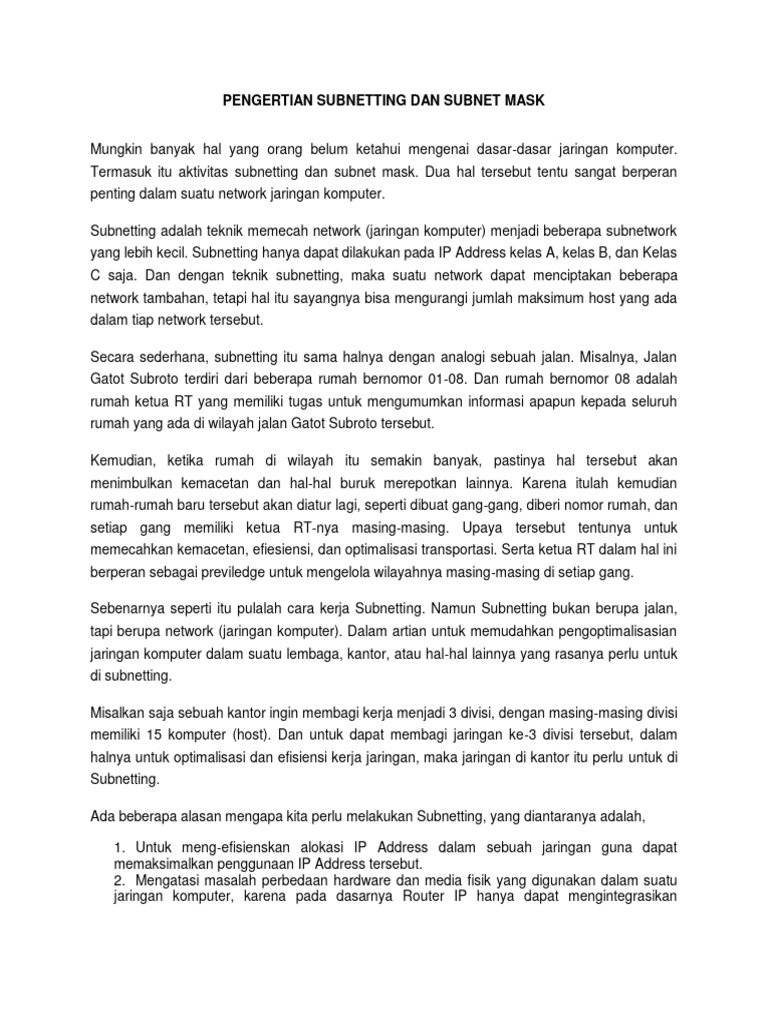 Pengertian Subnetting dan Subnet Mask | PDF | Teknologi & Rekayasa