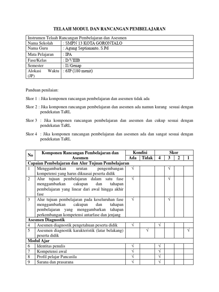 Instrumen Telaah Modul Dan Rancangan Pembelajaran Topik 2 Asesmen | PDF ...