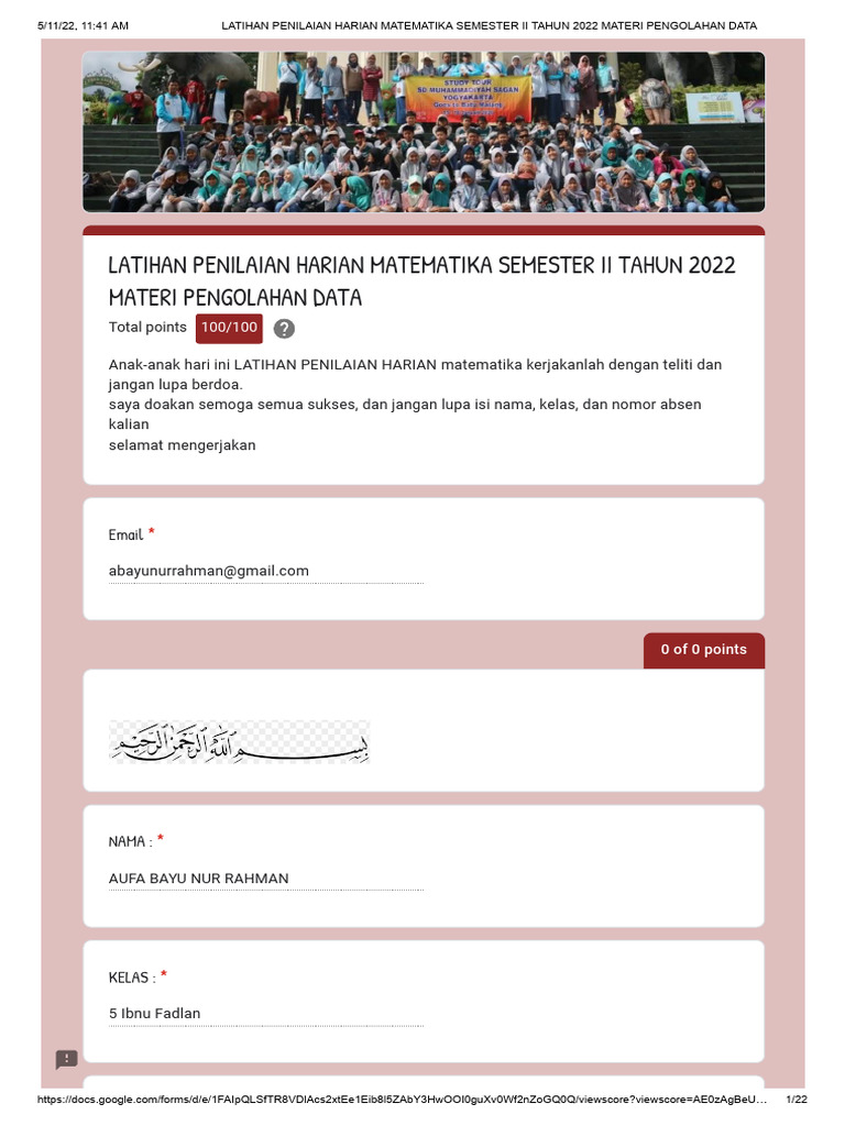 Latihan PH Matematika Semester II Tahun 2022 Materi Pengolahan Data Skor | PDF | Seni