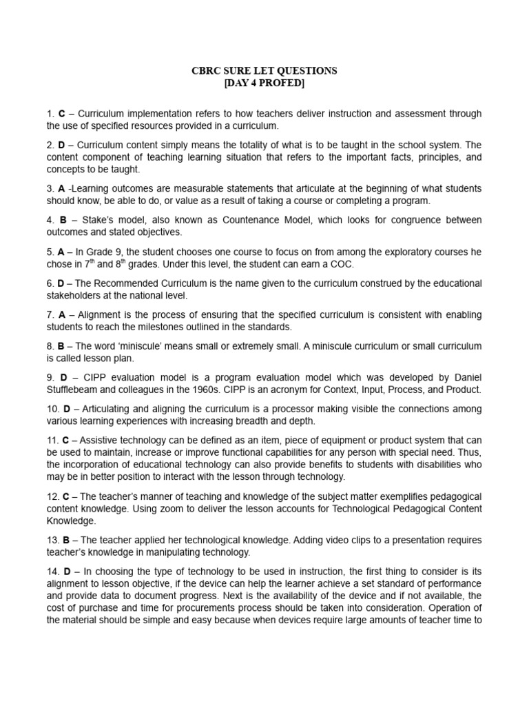 Ca (Day 4 Profed) CBRC Sure Let Questions | PDF | Curriculum | Teachers