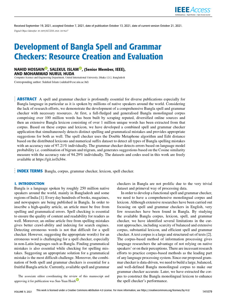 Development of Bangla Spell and Grammar Checkers - Resource Creation and Evaluation | PDF ...