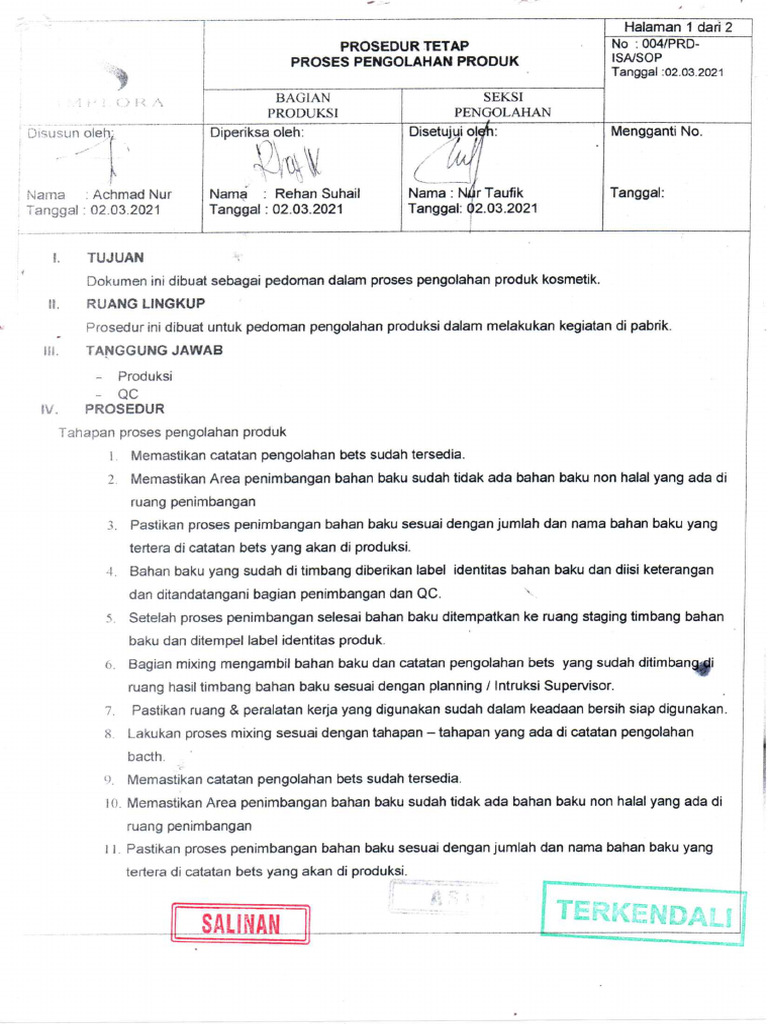 PROTAP 004 PROSES PENGOLAHAN PRODUK | PDF