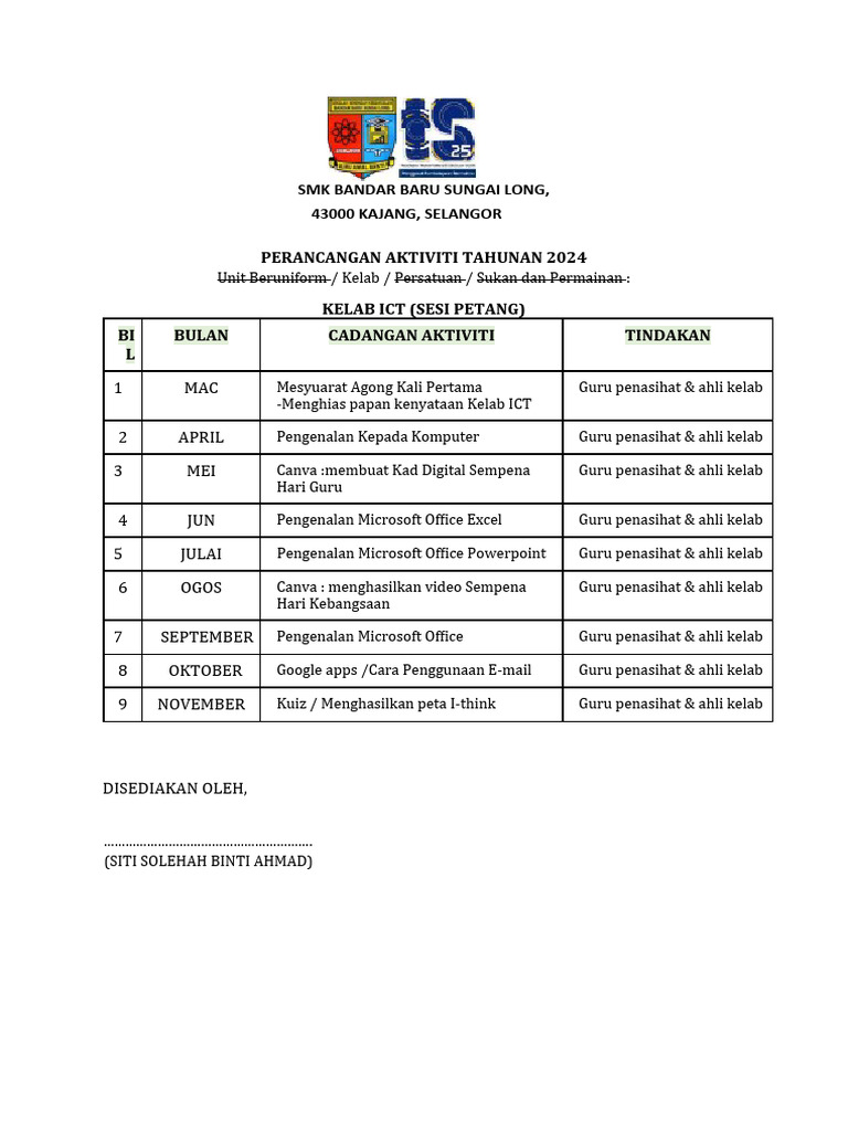 Perancangan Aktiviti Tahunan 2024 (Kelab Ict) | PDF