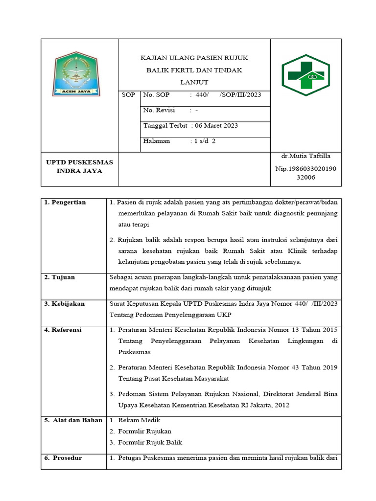 3721 SOP Kajian Ulang Pasien Rujuk Balik FKRTL Dan Tindak Lanjut | PDF