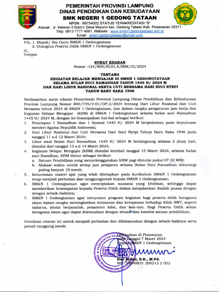 Surat Edaran KBM Selama Bulan Ramadhan Dan Libur Nasional 2024 | PDF