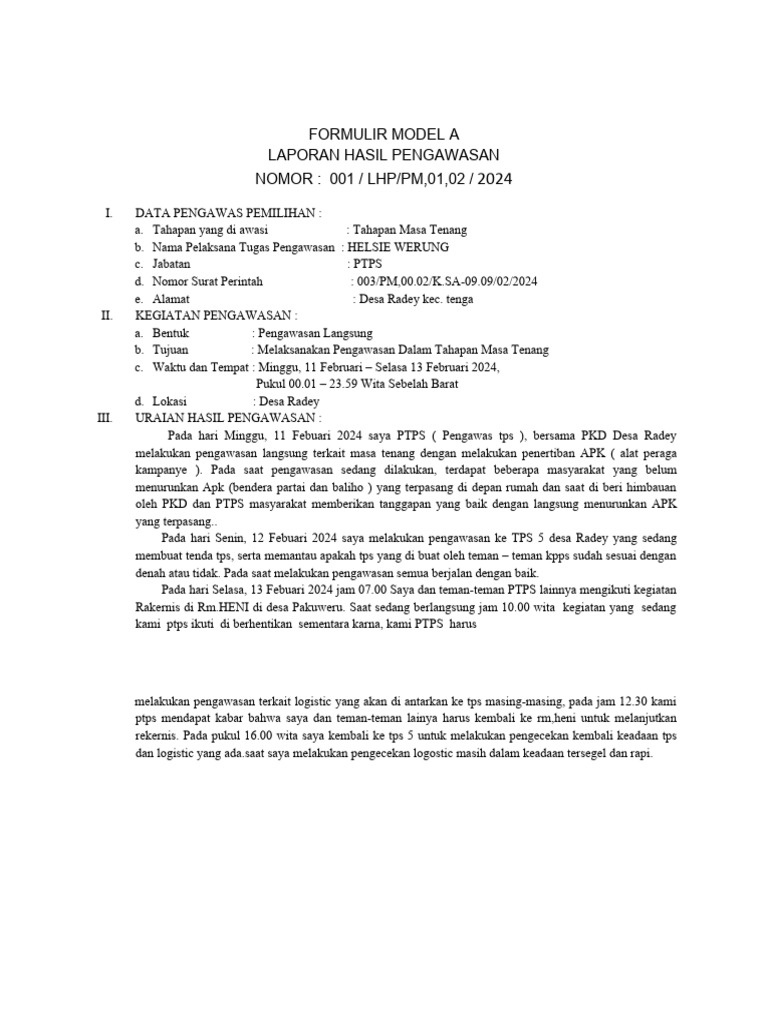 Formulir Model A Ptps Helsie Werung | PDF