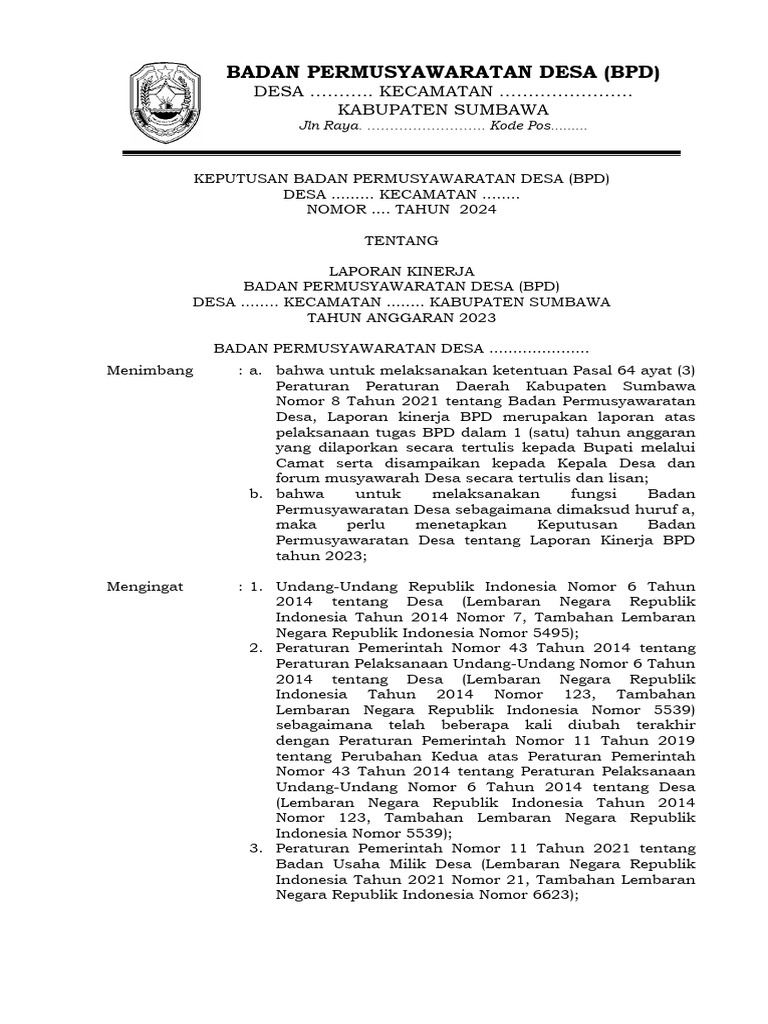 SK - Laporan Kinerja BPD (WWW - Ciptadesa.com) | PDF | Griya & Taman