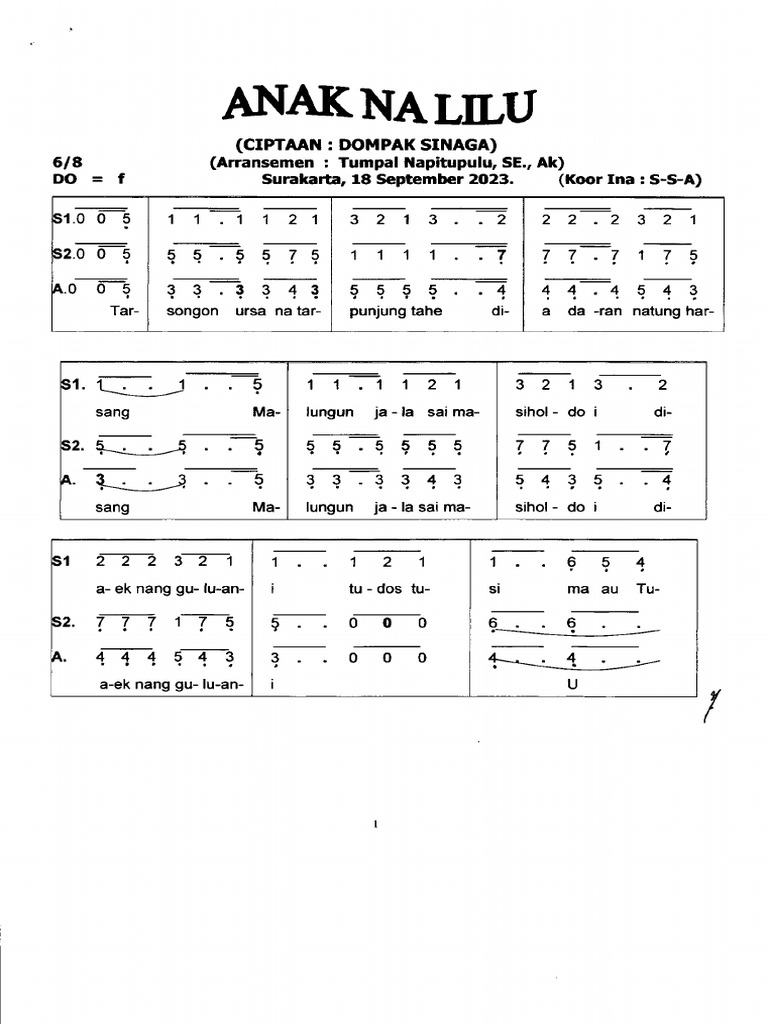 Partitur Koor Ina Anak Na Lilu by Dompak Sinaga | PDF