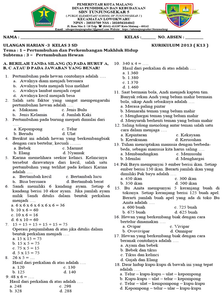 Uh 1 Tema 1 Subtema 3 Kelas 3SDN Tjsekar 5 2023 - 2024 | PDF