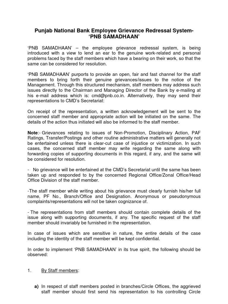 Punjab National Bank Employee Grievance Redressal System | PDF | Social ...