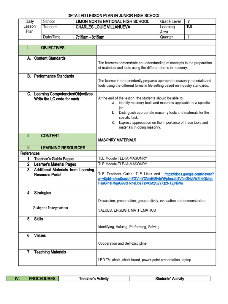 Q1 Lesson Plan Masonry Day 1 - G7 | PDF | Brick | Masonry