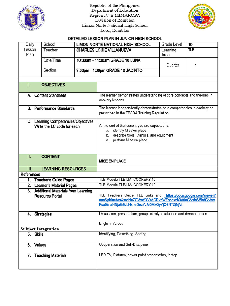 Junior High Cookery Lesson Plan | PDF | Kitchen Utensil | Kitchen