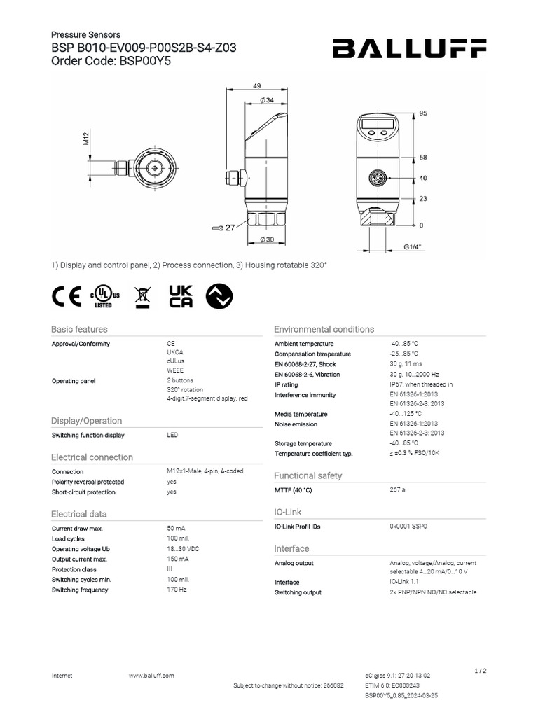 Datasheet - BALLUFF PRESSURE SENSOR W DISPLAY - BSP00Y5 - 266082 - en ...