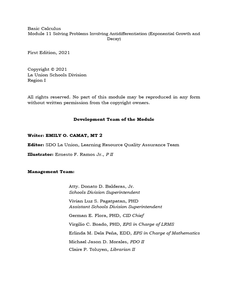Basic Calculus - Q4 Week 3 Module 11 | PDF | Logistic Function | Exponential Function