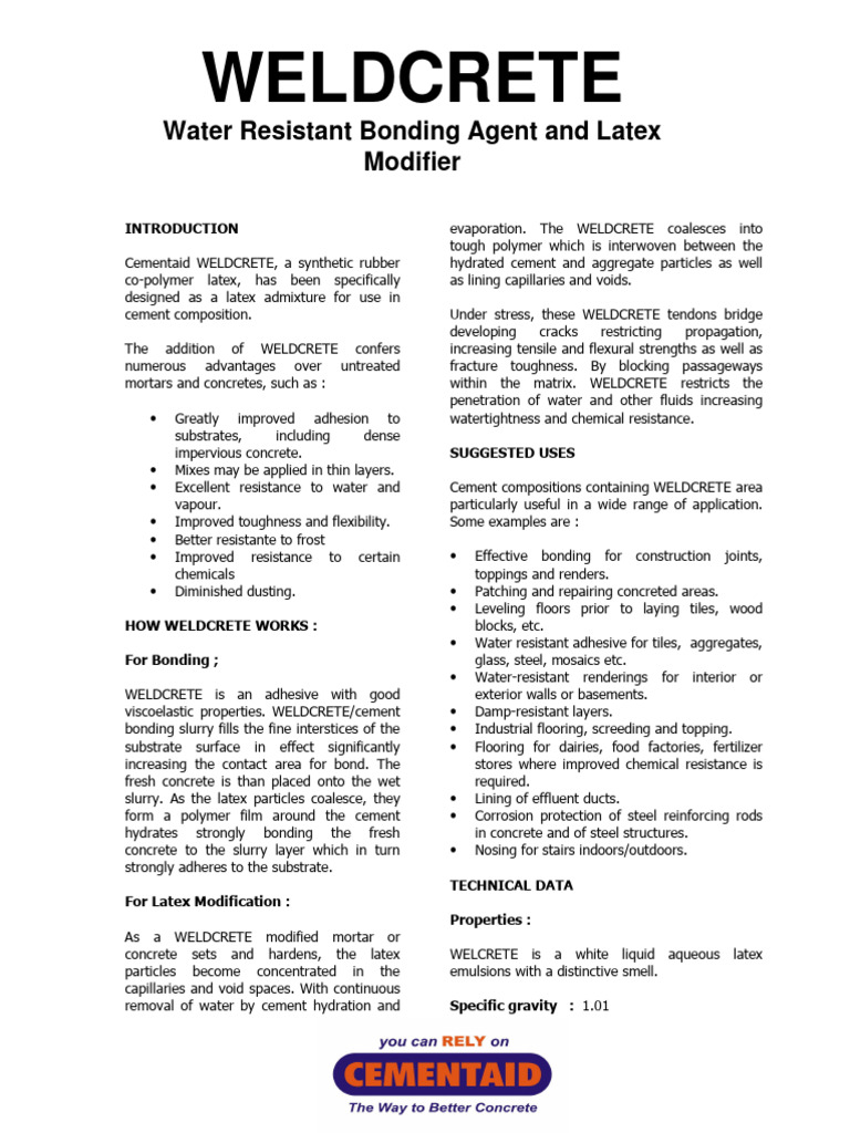 WELDCRETE Bonding Agent Technical Specification | PDF | Concrete | Cement