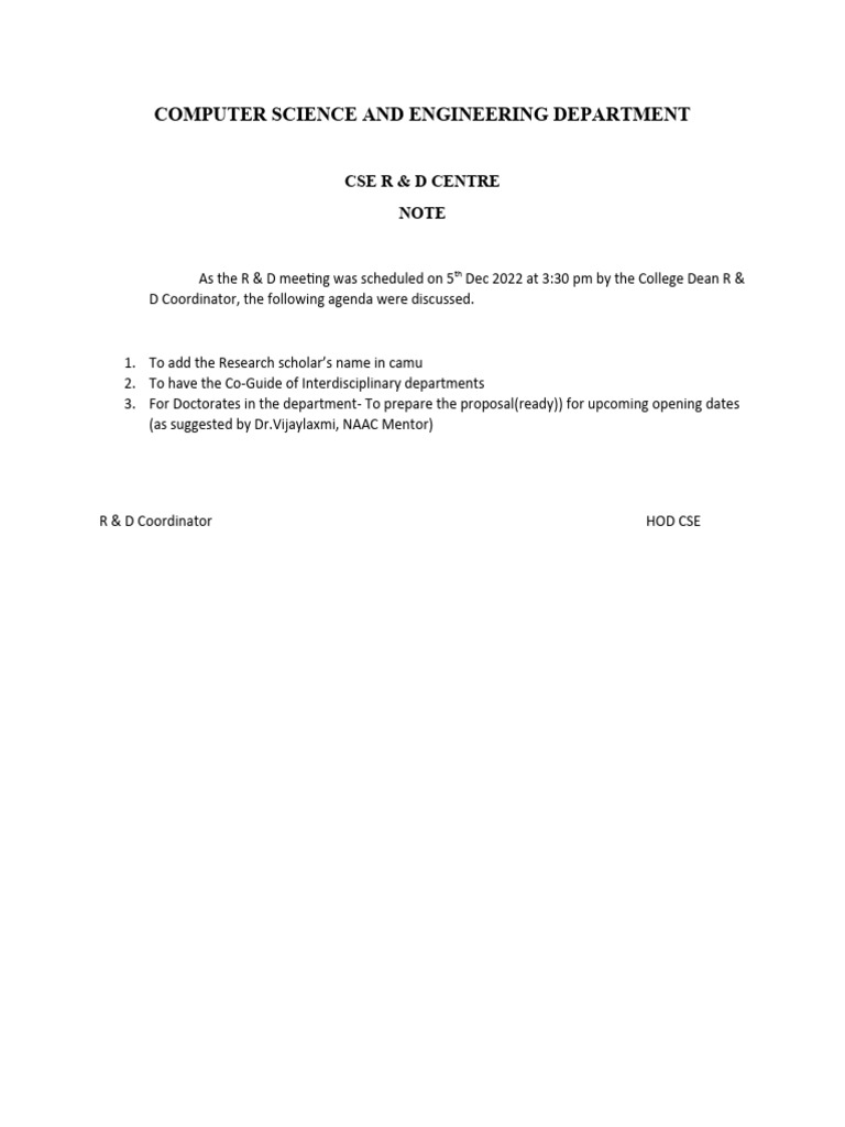 Computer Science and Engineering Department: Cse R & D Centre Note ...