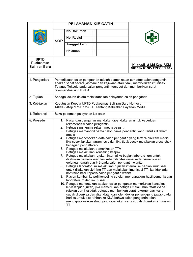 Sop Pelayanan Kie Catin | PDF